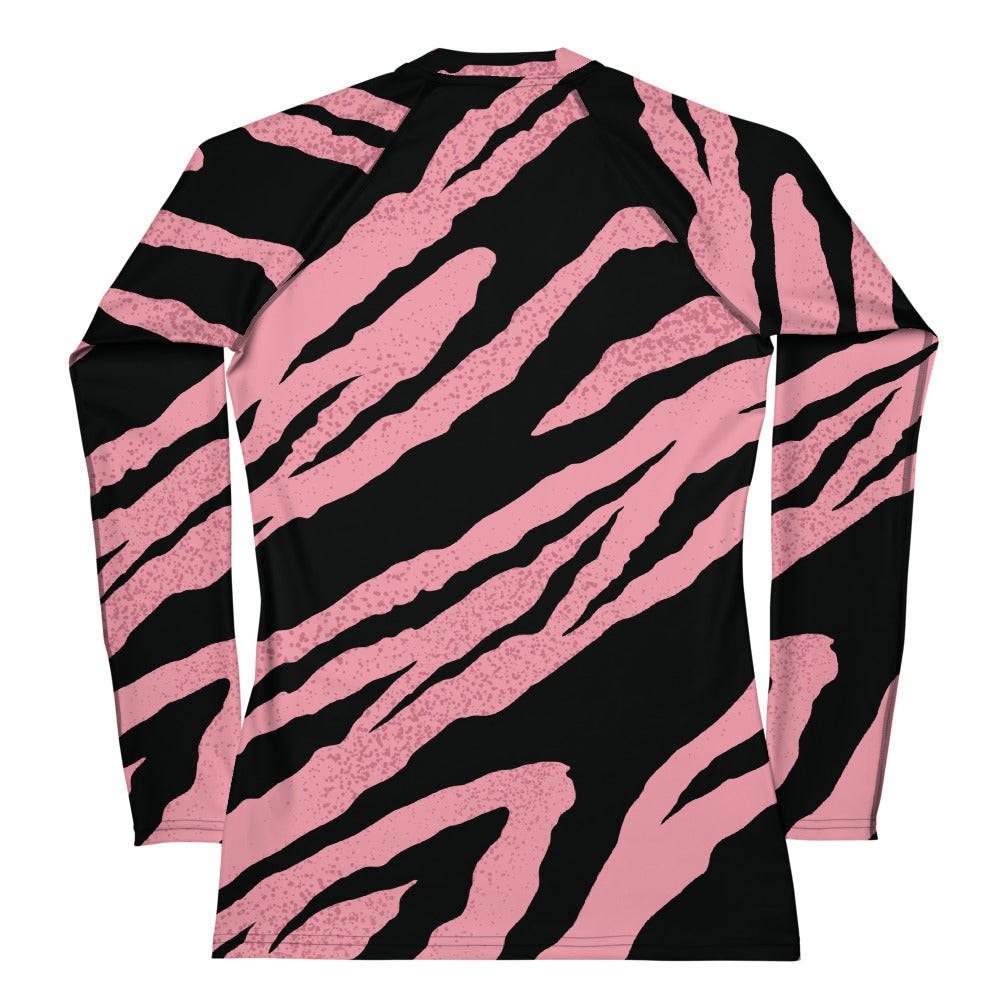 Pink And Black Tiger Womens Rash Guard | KIM KATHLEEN COLLECTIONS